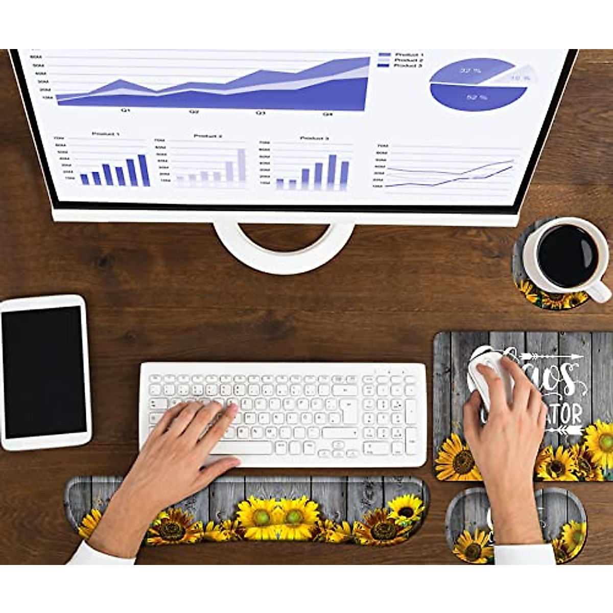 Keyboard Wrist Rest + Mouse Pad + Mouse Wrist Rest Support + Coaster Set, Ergonomic Memory Foam Mouse and Keyboard Pad Set for Laptop Computer Office Home Working Gaming,Sunflower Chaos Coordinator