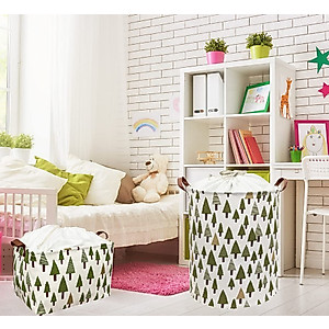 Sanjiaofen Nursery Laundry Basket Canvas Fabric Baby Boy Storage Bins,Collapsible Woodland Hamper,Waterproof Storage Baskets with Leather Handle,Forest Nursery Decor,Toy Organizer (Tree)