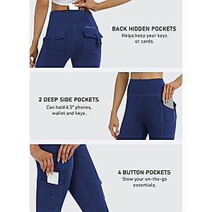 MoFiz Women's Cargo Pants Winter Fleece Lined Leggings Warm Water Resistant Thermal Insulated Sports Hiking Joggers Legging Running Tights High Waisted Navy 2XL