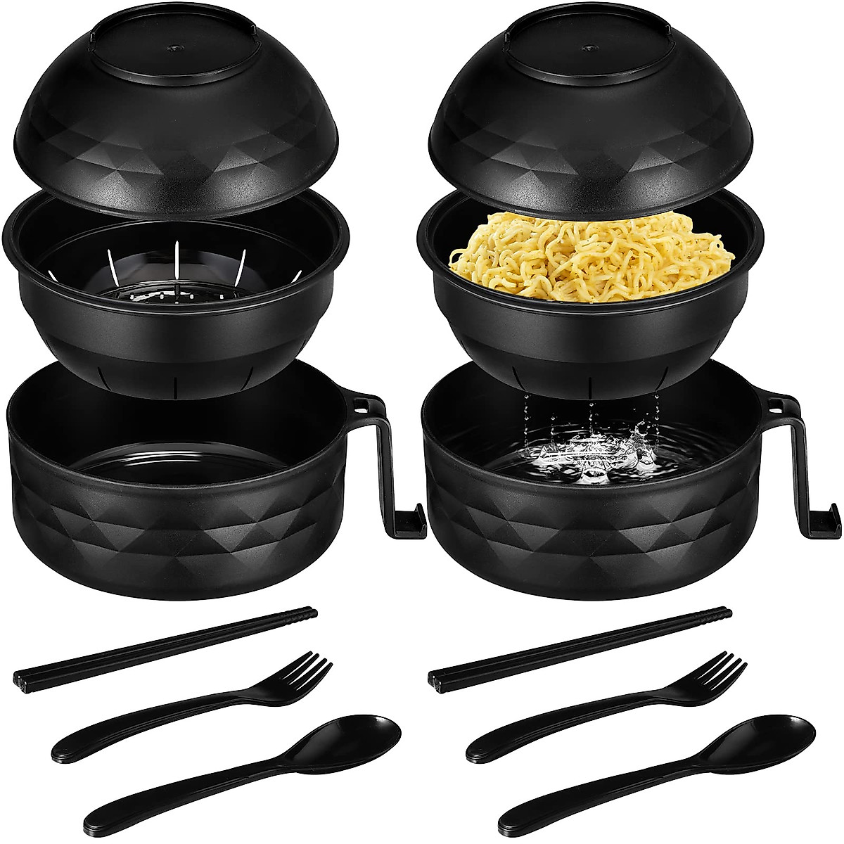 Zubebe 2 Sets Microwave Ramen Bowl Set with Handle Lid Ramen Cooker Ramen Noodle Bowl with Chopsticks Spoon Fork College Dorm Room Apartment Essentials, Dishwasher Safe, BPA Free (Black)