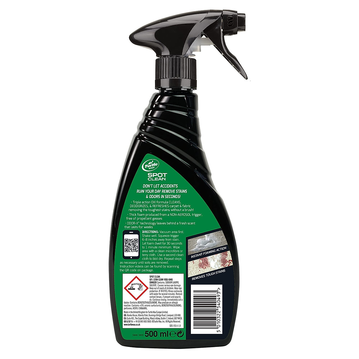 Turtle Wax 53839 Spot Clean Stain & Odor Remover, Non-Aerosol Foaming Spray Cleaner for Carpet, Fabric and Upholstered Surfaces, Eliminates Tough Stains, Deodorizes, 16 oz