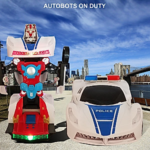 Battery Operated Bump and Go Transforming Toys for Kids -Auto Transforming Auto Robots Action Figure and Toy Vehicles - Realistic Engine Sounds & Beautiful Flash Lights (White Police Car)