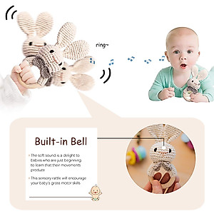 Wooden Baby Rattle Toys 5 PCS Rattle Set for Babies 0-6-12 Months Bunny Crochet Rattle Ring with Gift Box Wooden Montessori Toy for Newborn Infant Baby