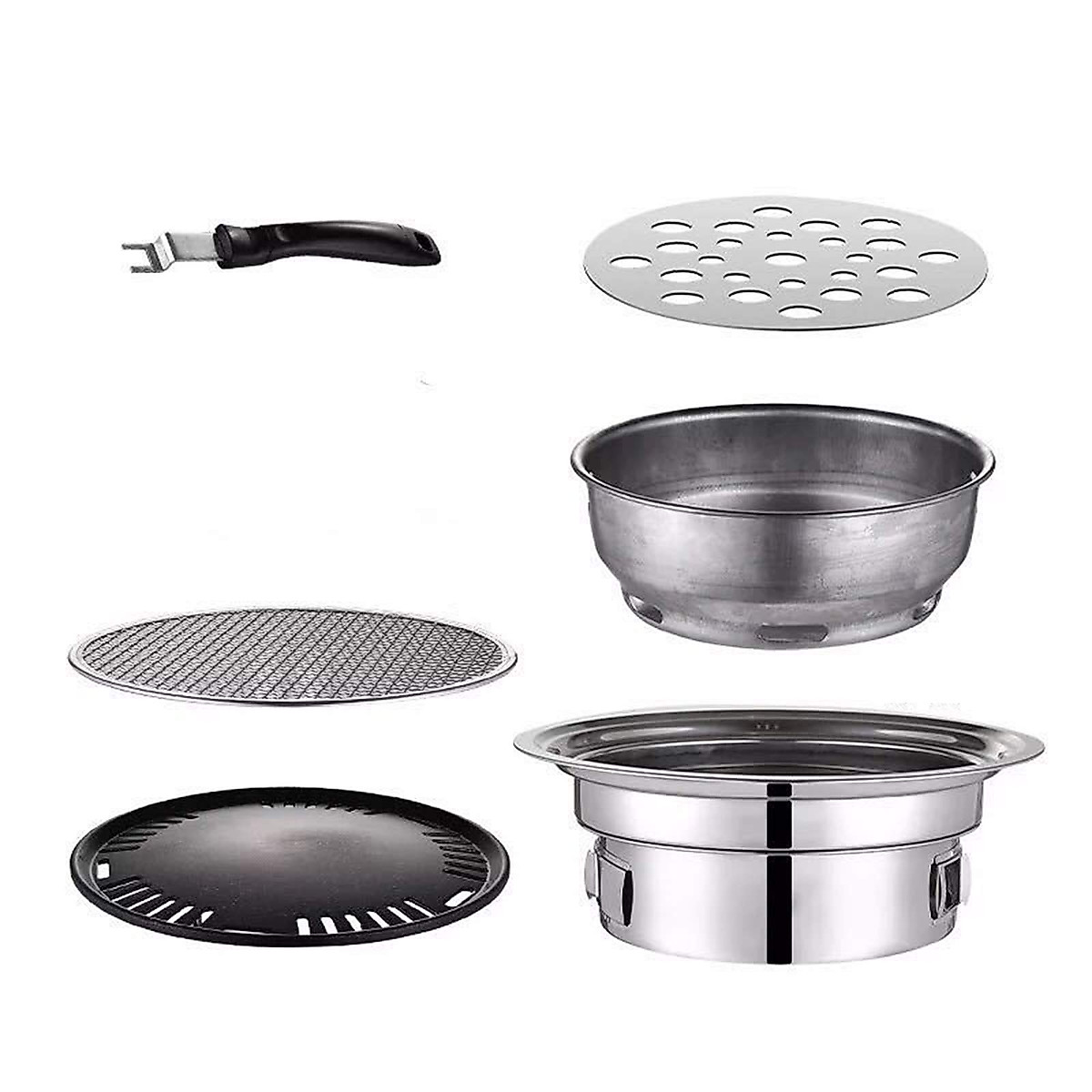 BBQ Charcoal Grill 15.7 inch Round Stove-top Household Indoor Carbon Grill for Camping Picnic Party Silver