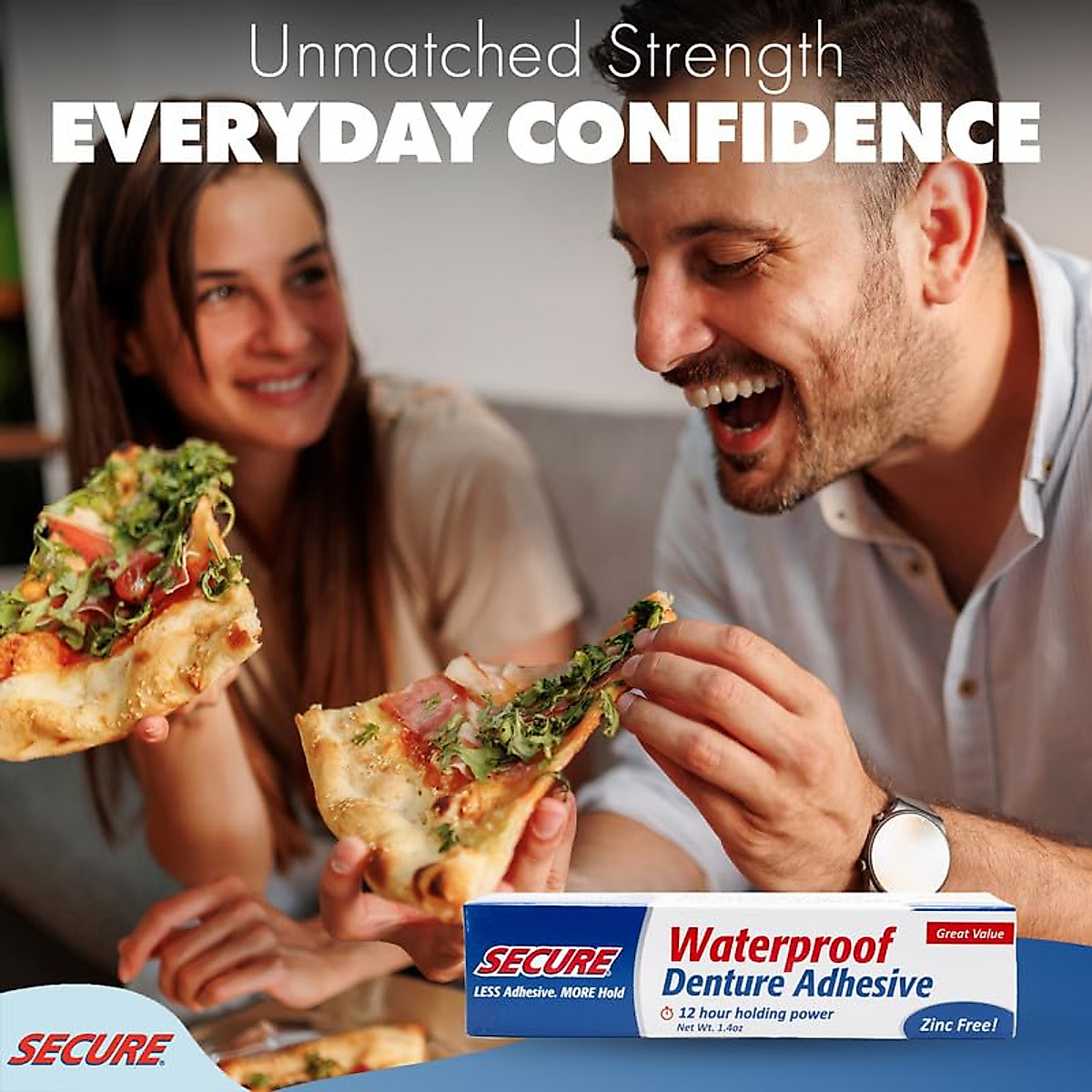 Secure Waterproof Denture Adhesive - Zinc Free - Extra Strong Hold For Upper, Lower or Partials - 1.4 oz (Pack of 4)