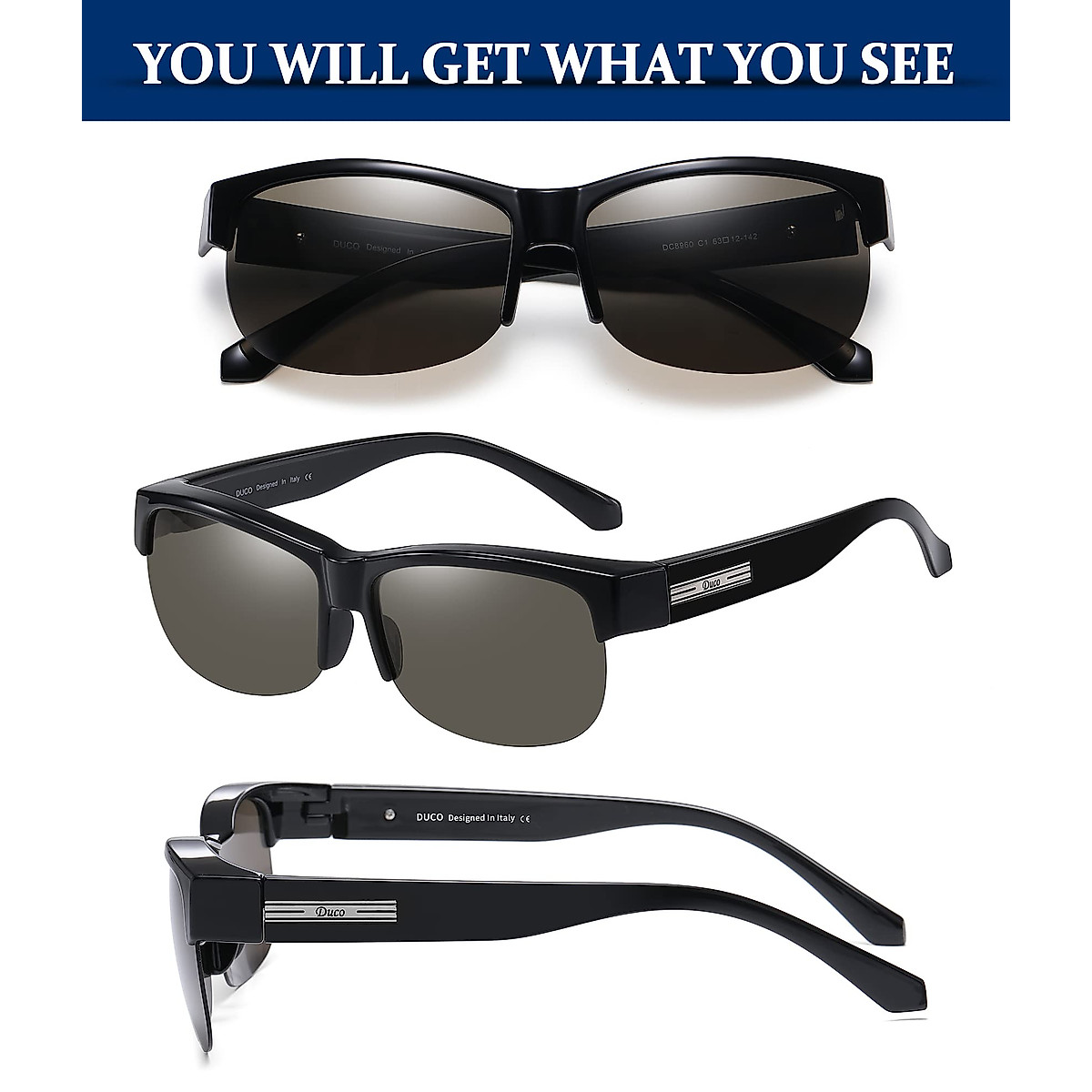 DUCO Fit Over Glasses Unisex Wraparound Glasses Fashion Rimless Wear Over Glasses Polarized Sunglasses for Men and Women 8960