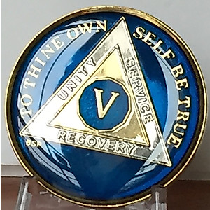 5 Year Midnight Blue AA Alcoholics Anonymous Medallion Chip Tri Plate Gold & Nickel Plated Serenity Prayer