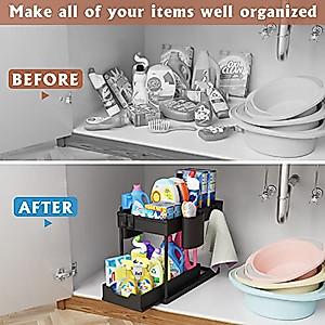 HEVOL Under Sink Organizers and Storage,2 Tier Bathroom Sink Organizer Sliding Drawer with 4 Hooks & 2 Hanging Cups,Multi-purpose Storage Shelf for Kitchen Bathroom Organizer - Send 1 Cleaning Cloth