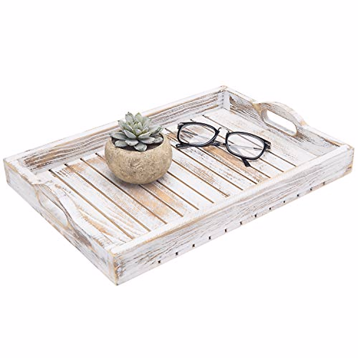 MyGift Shabby Chic Whitewashed Wood Breakfast Serving Tray with Cutout Handles