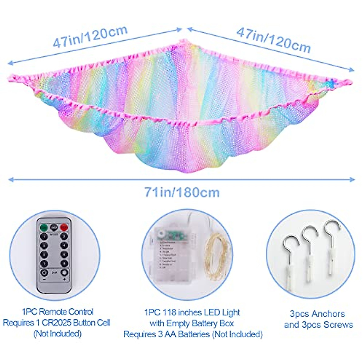 Basumee Stuffed Animals Net or Hammock with LED Light Hanging Toy Net Hammock for Stuffed Animals Storage Stuff Animals Hammocks for Nursery Kids Room with Remote Control, 8 Kinds of Lights, Rainbow
