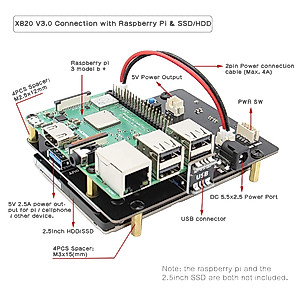 Geekworm for Raspberry Pi 3B+/3B, X820 V3.0 2.5" SATA HDD/SSD Expansion Board + Metal Case with Power Switch and Cooling Fan (Not Include Raspberry Pi)