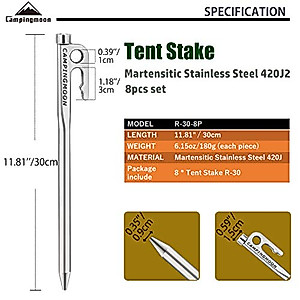 CAMPINGMOON 11.81-inch 8pcs Martensitic Stainless Steel 420J2 Hardened Forged Tent Stake Power Peg Ideal for Hard Ground R-30-8P