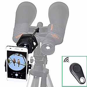 AccessoryBasics Binocular Spotting Scope Telescope Microscope Periscope Adapter Mount for Smartphone iPhone 13 14 Pro Max Galaxy S23 S22 S21 Note Pixel OnePlus Video Image Recording [Includes Remote]