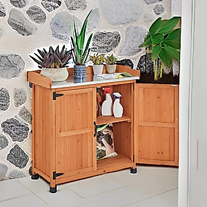 Yaheetech Garden Potting Bench Table - Outdoor Garden Patio Wooden Storage Cabinet & Solid Wood Planting Work Bench with Large Space Storage & Metal-Plated Tabletop, Brown