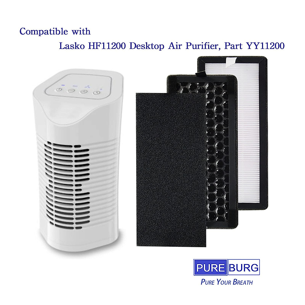 PUREBURG YY11200 Replacement Filter Set Compatible with Lasko HF11200 Desktop Air Purifier, 2 H13 HEPA+2 Activated Carbon Filter + 4 Carbon Pre-filters