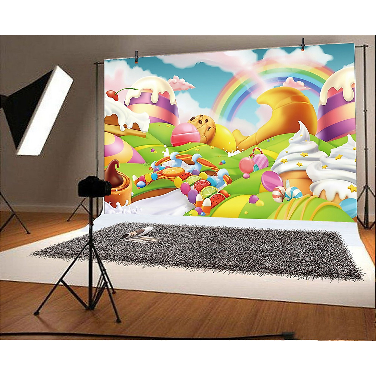 AOFOTO 5x3ft Fantasy Candy Land Landscape Background Cartoon Ice Cream Dessert Lollipop Photography Backdrop Rainbow Birthday Party Decoration Banner Photo Studio Props Kid Baby Girl Vinyl Wallpaper