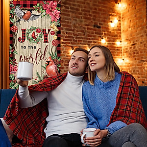 WovWeave Christmas Door Cover Cardinal Red Bird Xmas Hanging Door Cover Xmas Front Door Decorative Joy to The World Christmas Party Supplies Holiday Decor, 70.9 x 35.4 Inch