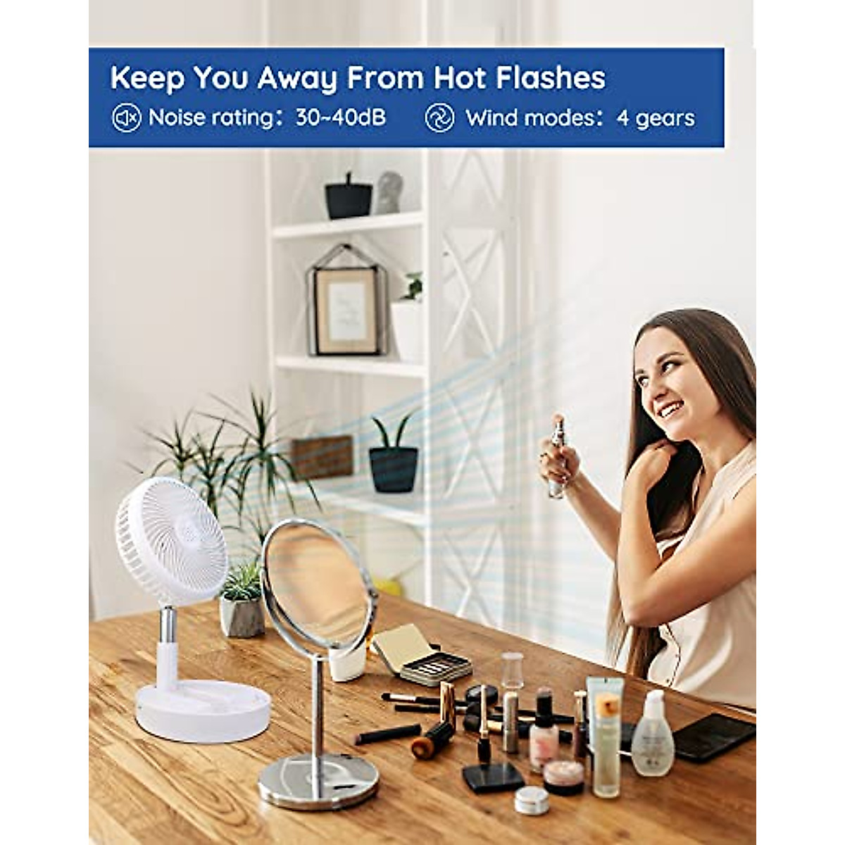 Primevolve Battery Operated Fan,Portable Rechargeable USB Floor Table Desk Fan with Adjustable Height, 4 Speed Settings Pedestal Fan for Bedroom Office Fishing Camping Travel, White 7.7"