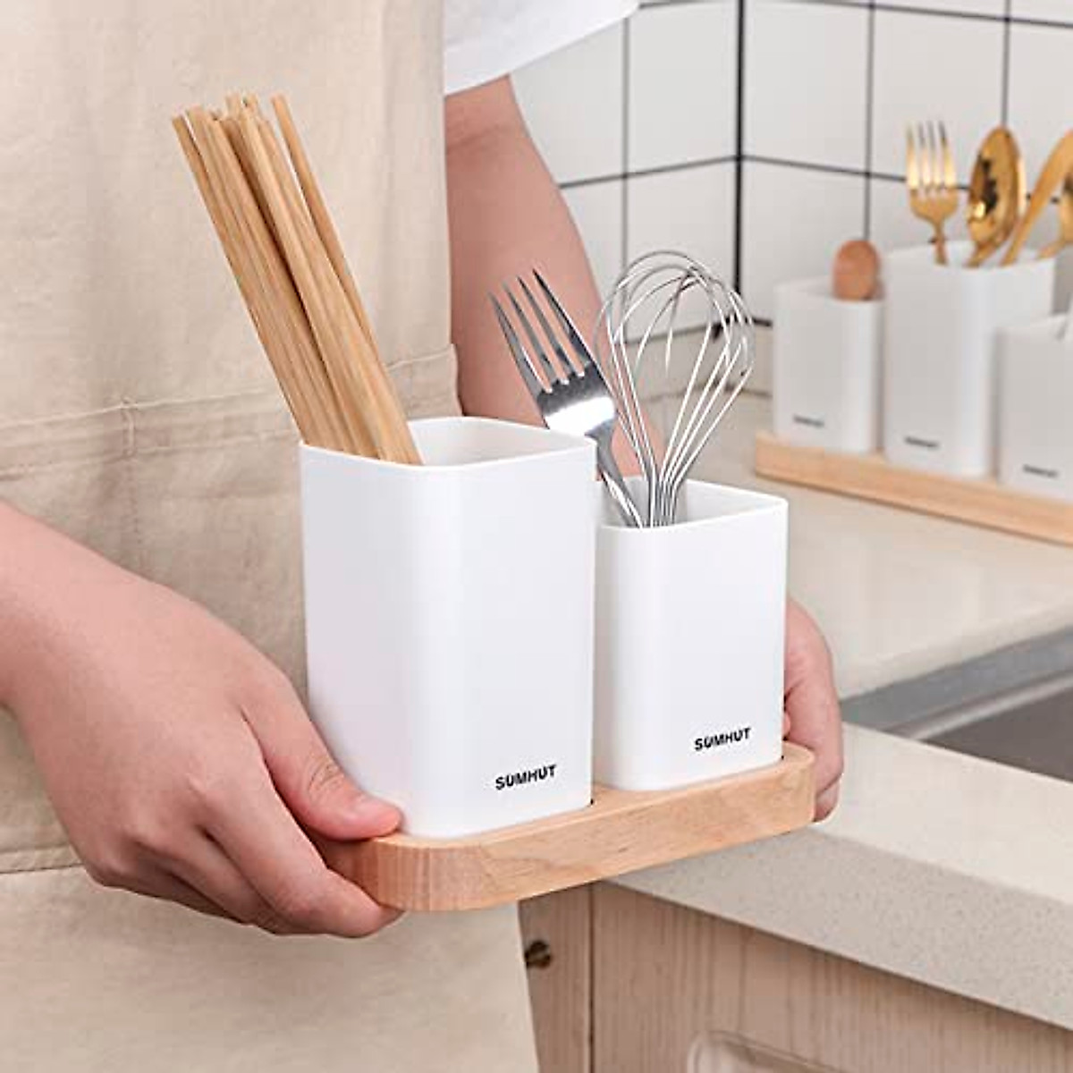 Jaugufiy Cutlery Drying Rack Holder Utensil Drying Rack Basket, Cutlery Holder with Bamboo Base for Bar Kitchen Countertop Storage, Organize Forks, Knives, Spoons