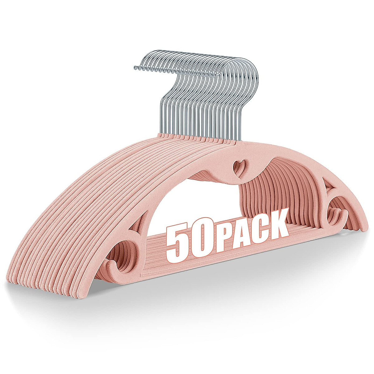 IEOKE Velvet Hangers, 50-Pack No Shoulder Bumps Suit Hangers Ultra Thin Space Saving 360 Degree Swivel Heavy Duty Hook Durable Hangers for Sweaters Coat Jackets Shirts Dresses (50 Pack, Pink/Silver)