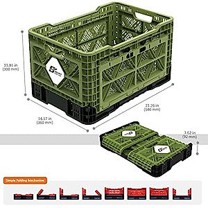 Bigant Heavy Duty Collapsible & Stackable Plastic Milk Crate-Medium Size, Olive, Stackable Open Front Organizer, Set of 1, Snap Lock Foldable Industrial Garage Storage Bin Container Utility Basket