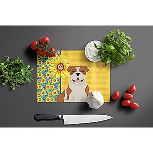 Caroline's Treasures WDK5415LCB Summer Sunflowers Red English Bulldog Glass Cutting Board Large Decorative Tempered Glass Kitchen Cutting and Serving Board Large Size Chopping Board