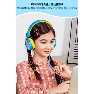 New bee Kids Headphones for School with Microphone KH20 HD Stereo Safe Volume Limited 85dB/94dB Foldable Lightweight On-Ear Headphone for PC/Mac/Android/Kindle/Tablet/Pad(Blue)