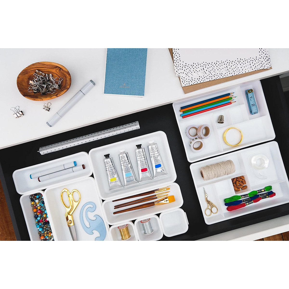 Madesmart Set of 2 Plastic 6-Compartment Drawer Organizer Gadget Trays, Multipurpose Storage Bins for Drawers, White