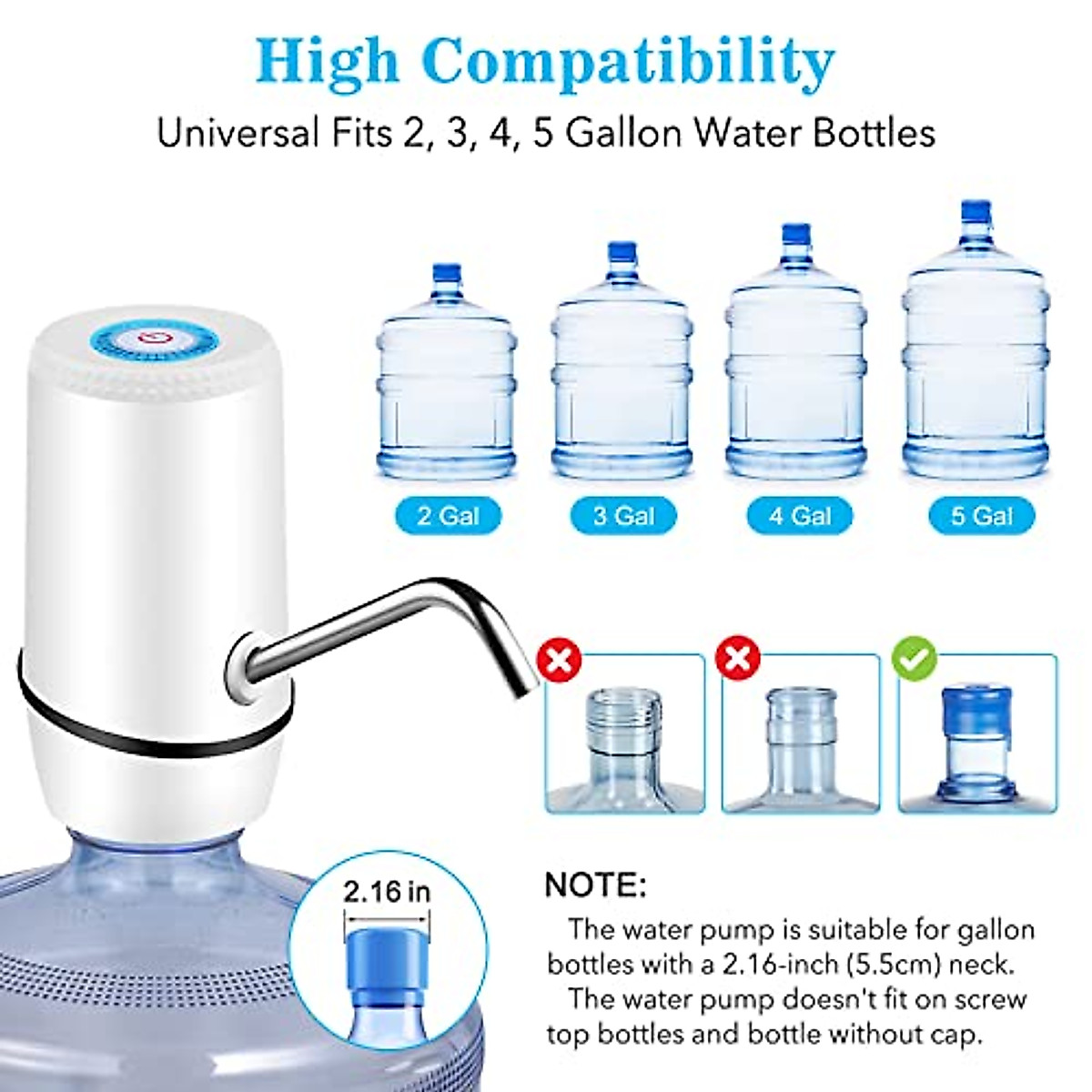 5 Gallon Water Dispenser, Electric Drinking Water Pump Automatic Portable Water Jug Pump for 5 Gallon Bottle - White
