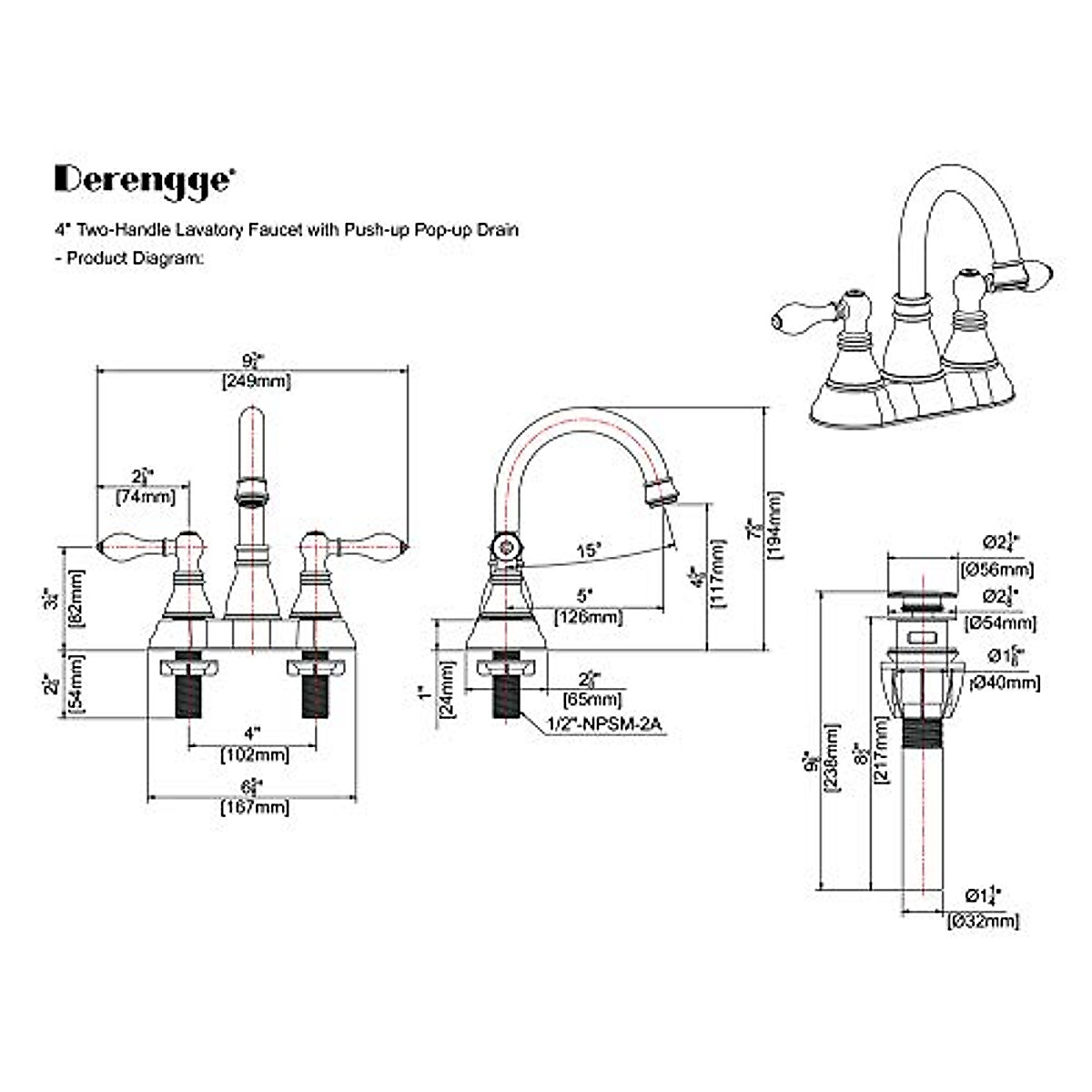 Derengge F-4501-CS Two Handle Bathroom Sink Faucet with Pop up Drain,Meets cUPC NSF 61-9 AB1953,Brushed Gold