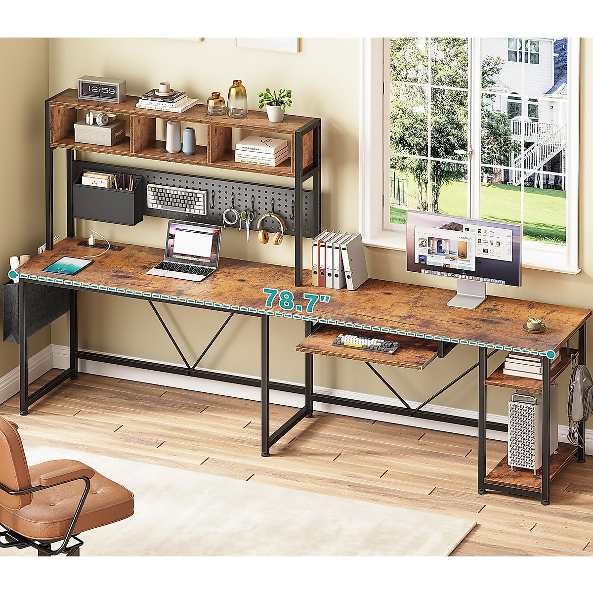 SEDETA L Shaped Gaming Desk with Hutch, 57.5” Reversible Corner Computer Desk with Storage Shelves, Gaming Desk with Pegboard, LED Lights, Power Outlet, Keyboard Tray (Rustic Brown)