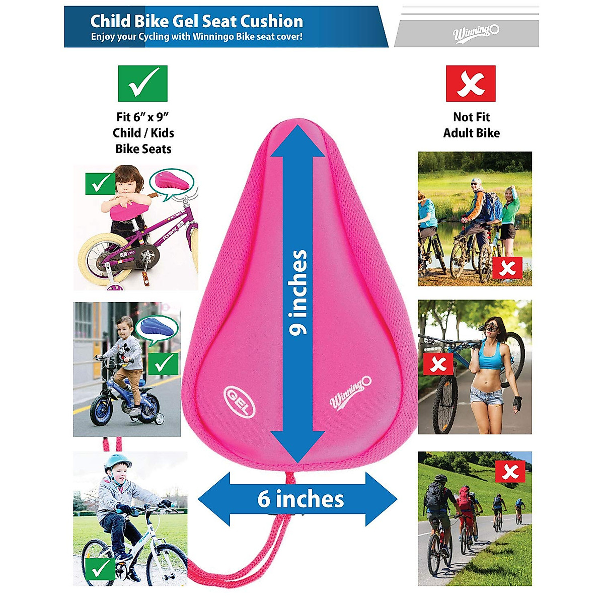 WINNINGO Gel Kids Bike Seat Cushion Cover, Anti-Slip Child Bike Seat Cover Comfortable Adjustable Small Bicycle Saddle Pad, 9'' X 6''