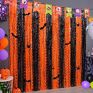 Mega-L Halloween Foil Fringe Curtains, 3 Pack Orange Black Photo Booth Props, 18 Pcs PVC Bat and Spider Stickers Decals Wall Decor Halloween Photo Backdrop for Halloween Party Decoration