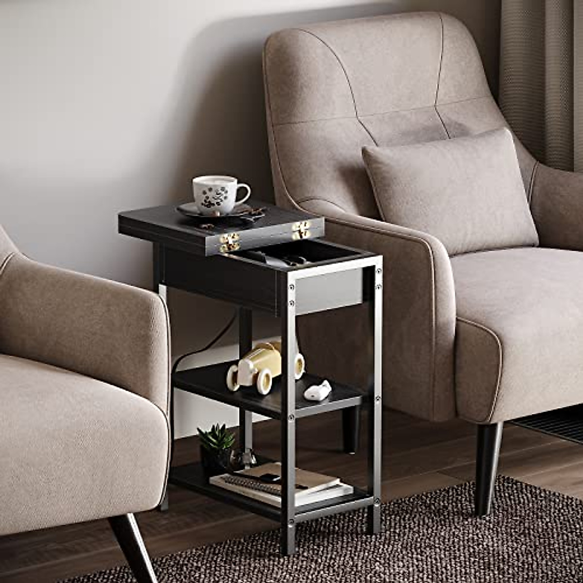 TILLMAO Narrow End Table with Charging Station, Side Table with Storage for Small Spaces, Flip Top Nightstand/Bedside Table/Sofa Couch Table/Slim End Table for Living Room Bedroom Office…