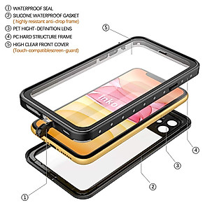 inkolelo iPhone 11 Waterproof Case, Built-in Screen Full-Body Protector with Floating Strap IP68 Waterproof Case for iPhone 11 6.1 Inch (2019) - Matte Black/Orange
