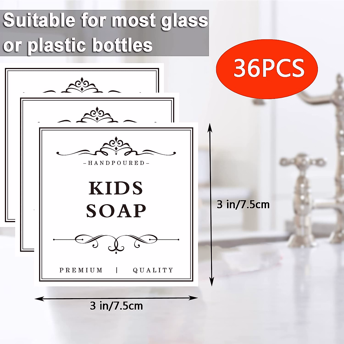 36 PCS Printed Waterproof Labels for Shampoo and Conditioner Bottles,Bathroom Soap Dispenser Organization Label Stickers White