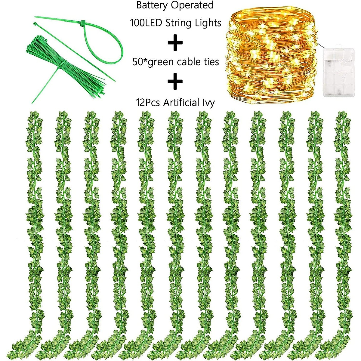 12 Pack Fake Vines for Room Decor with 100 LED String Light Artificial Ivy Garland Hanging Plants Faux Greenery Leaves Bedroom Aesthetic Decor for Home Garden Wall Wedding