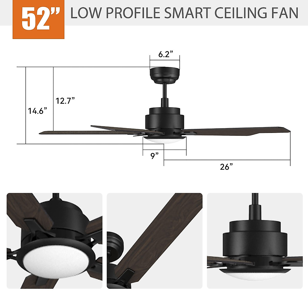 52“ Smart Ceiling Fan With Light, Low Profile With 10 Speeds, Silent DC Motor, Farmhouse Ceiling Fan Compatible with Alexa, Siri, Google & Smart App, Black & Walnut,Indoor & Outdoor