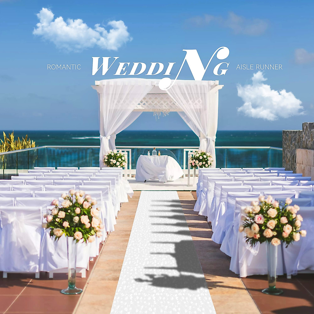 EZLucky Aisle Runner for Wedding Ceremony 3X100 ft, White Olive Branch Scroll Pattern, Pull String Included, Perfect for Wedding, Parties, Christmas Decor, Indoor & Outdoor Use 40gsm Thickness