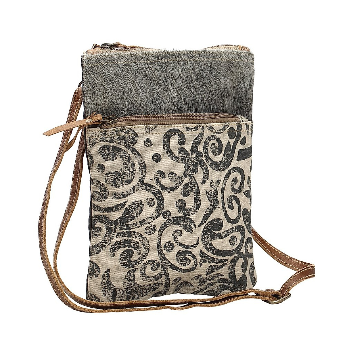 Myra Bag Leaf Swirls Cowhide & Upcycled Canvas Crossbody Bag S-1155