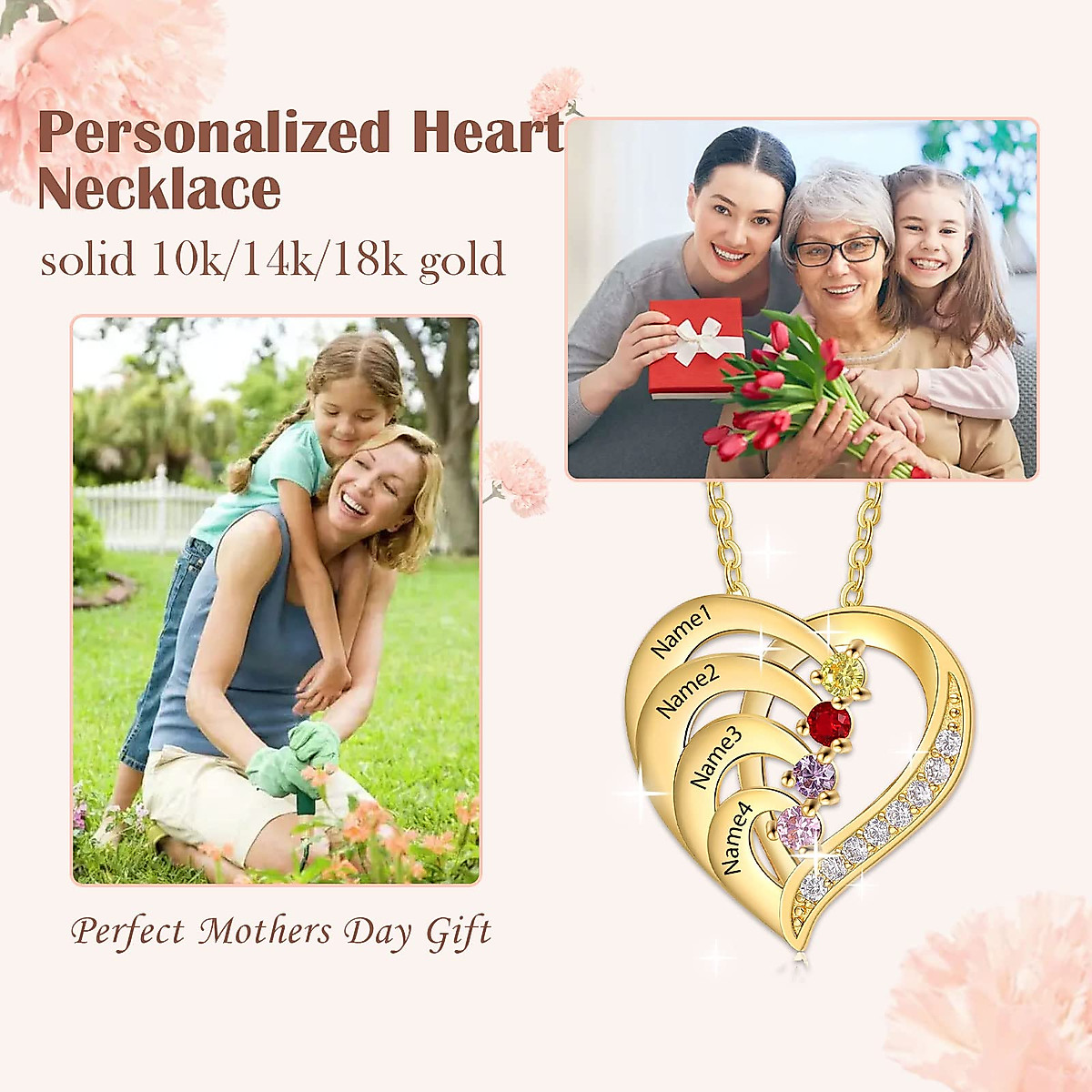 MRENITE 10K/14K/18K Solid Gold Personalized Mom Necklace with 4 Birthstone Name Heart Necklace Engraved 4 Names for Mom Wife