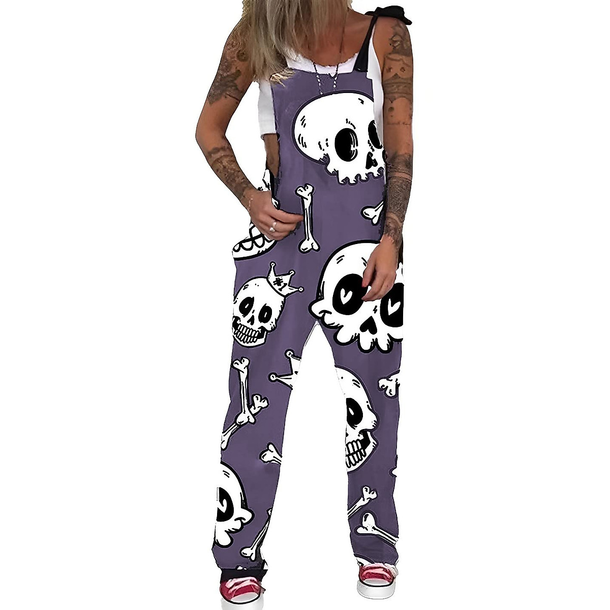 PAODIKUAI Women's Casual Skull Printed Overalls Loose Rompers Jumpsuit with Pockets (A2, X-Large, x_l)