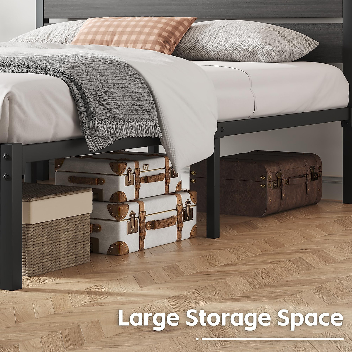 Fluest Queen Bed Frame with Headboard and Footboard, Metal Platform Bed Frame with Under Bed Storage, All-Metal Support System, No Box Spring Needed, Easy Assembly,Rustic Grey