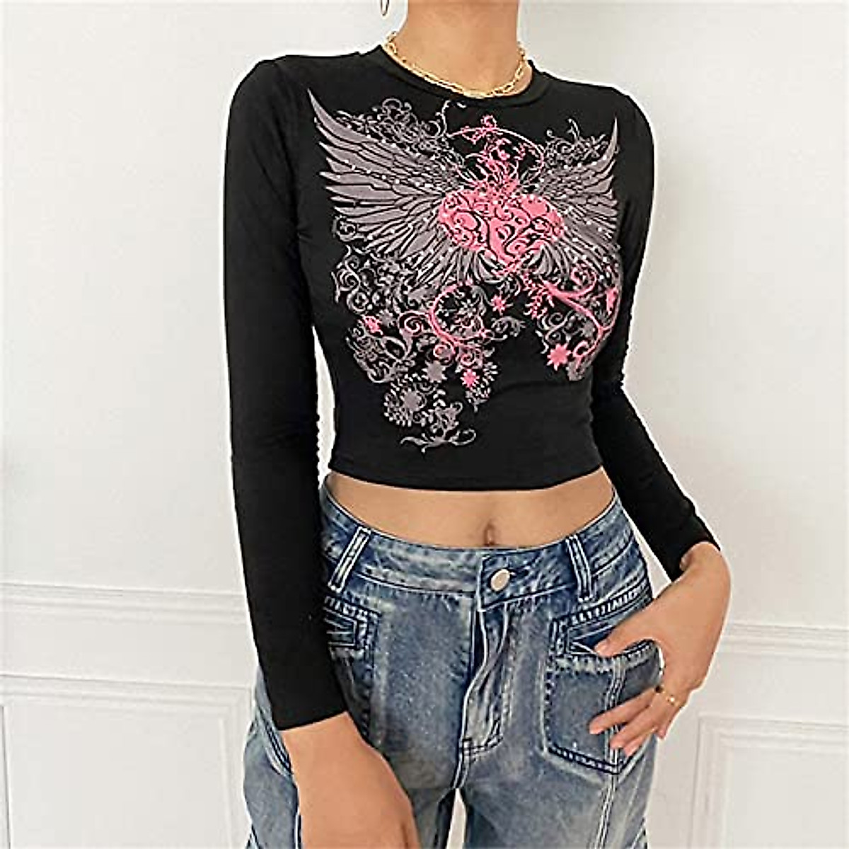 Women Teen Girls Funny Printed Top Blouse Women Y2K Cool Punk Top Blouse Women Long Sleeve Top Blouse Black