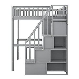 Harper & Bright Designs Full Size Loft Bed with Desk, Wood Loft Bed Frame with Wardrobe, Bookshelf and Drawers, Gray