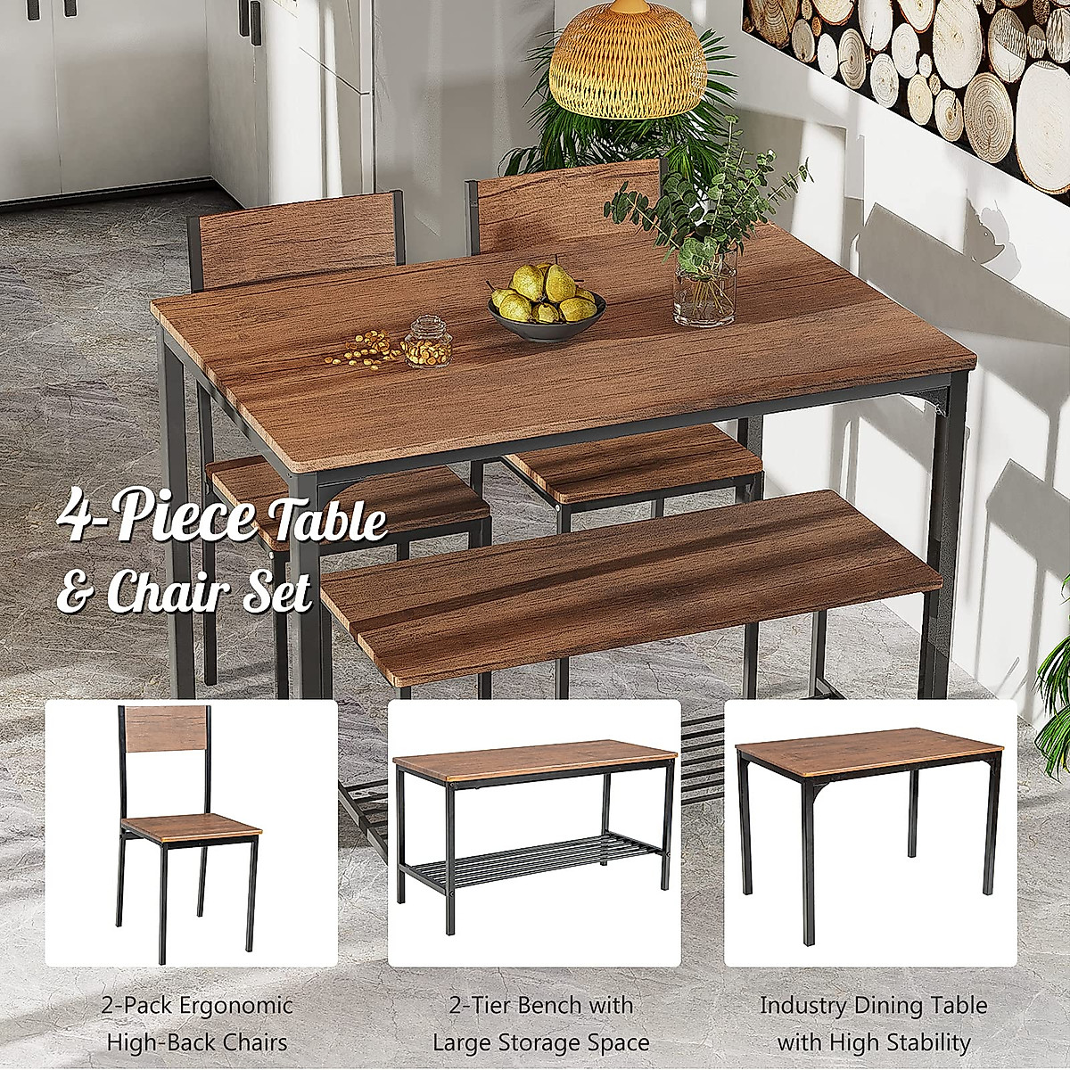 Giantex Dining Table Set for 4, Kitchen Table with Bench and Chairs, Industrial Gathering Bench Dining Set W/Metal Frame & Storage Rack, Dinette Set, Modern Functional Desk Set (Brown)