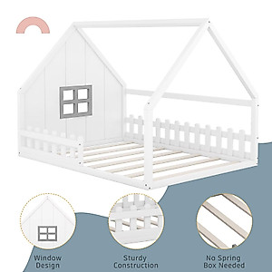 Merax Full Size House Bed for Kids,Wood Montessori Floor Bed with Fence and Window,Full Floor Bed with Rails for Girls Boys, White