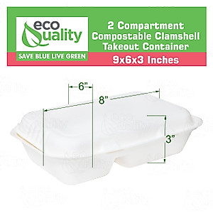 Compostable 2-Compartment Rectangular Hinged Clamshell Take Out Food Containers 9x6x3,Heavy Duty Quality Disposable to go Containers, Restaurants, Food Trucks (25)