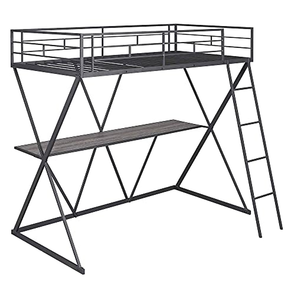 ATY Metal Loft Bed with Wood Desk and Ladder, X-Shaped Twin Size Bedframe w/Full-Length Guardrails, for Kids Teens Adults, Bedroom Furniture, Black