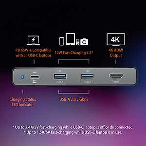 j5create USB-C Travel Dock with PD 65W Power Supply - for Travel or Business Trip - Charging Adapter Hub with 4K HDMI, USB-A x 2 - for MacBook Air/Pro 13, Surface Pro, and USB-C Laptop (JCDP392)